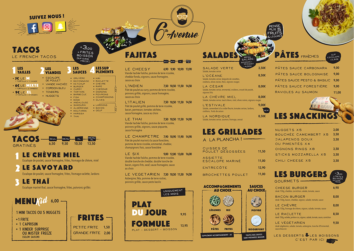 Sixieme avenue - La cartes de plats de votre restaurant à Mâcon